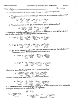 Angular Velocity and Linear Speed Worksheet #1 Key - MAT 129 - Studocu - Worksheets Library