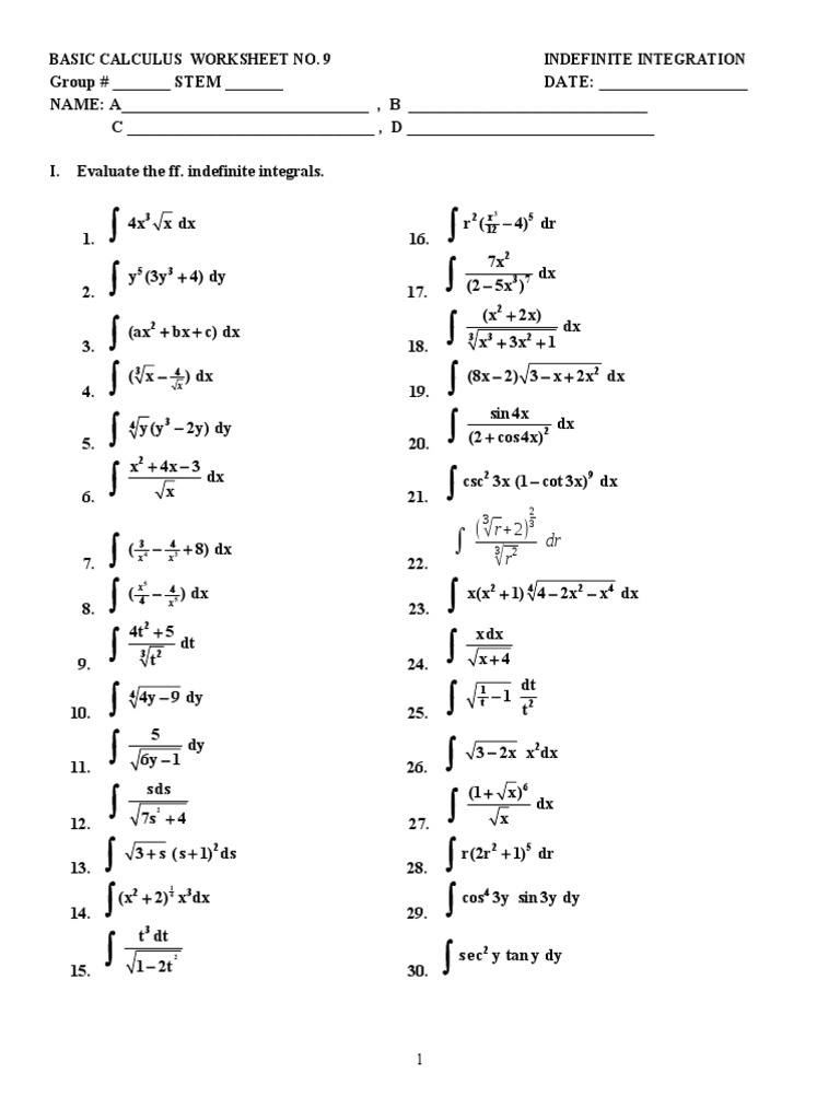 Basic Calculus Worksheet No. 9 Indefinite Integration: r+2) R DR ... - Worksheets Library