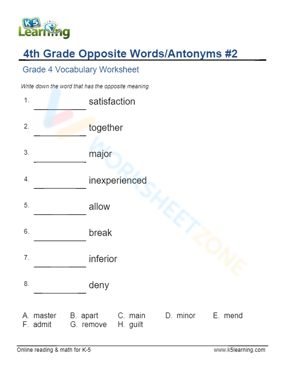 4th Grade Opposite Words/Antonyms 2 Worksheet - Worksheets Library