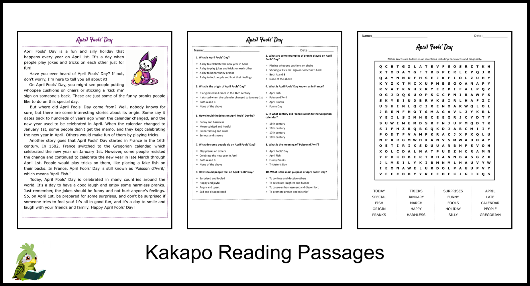 Surviving April Fools Day Reading Comprehension Worksheet
