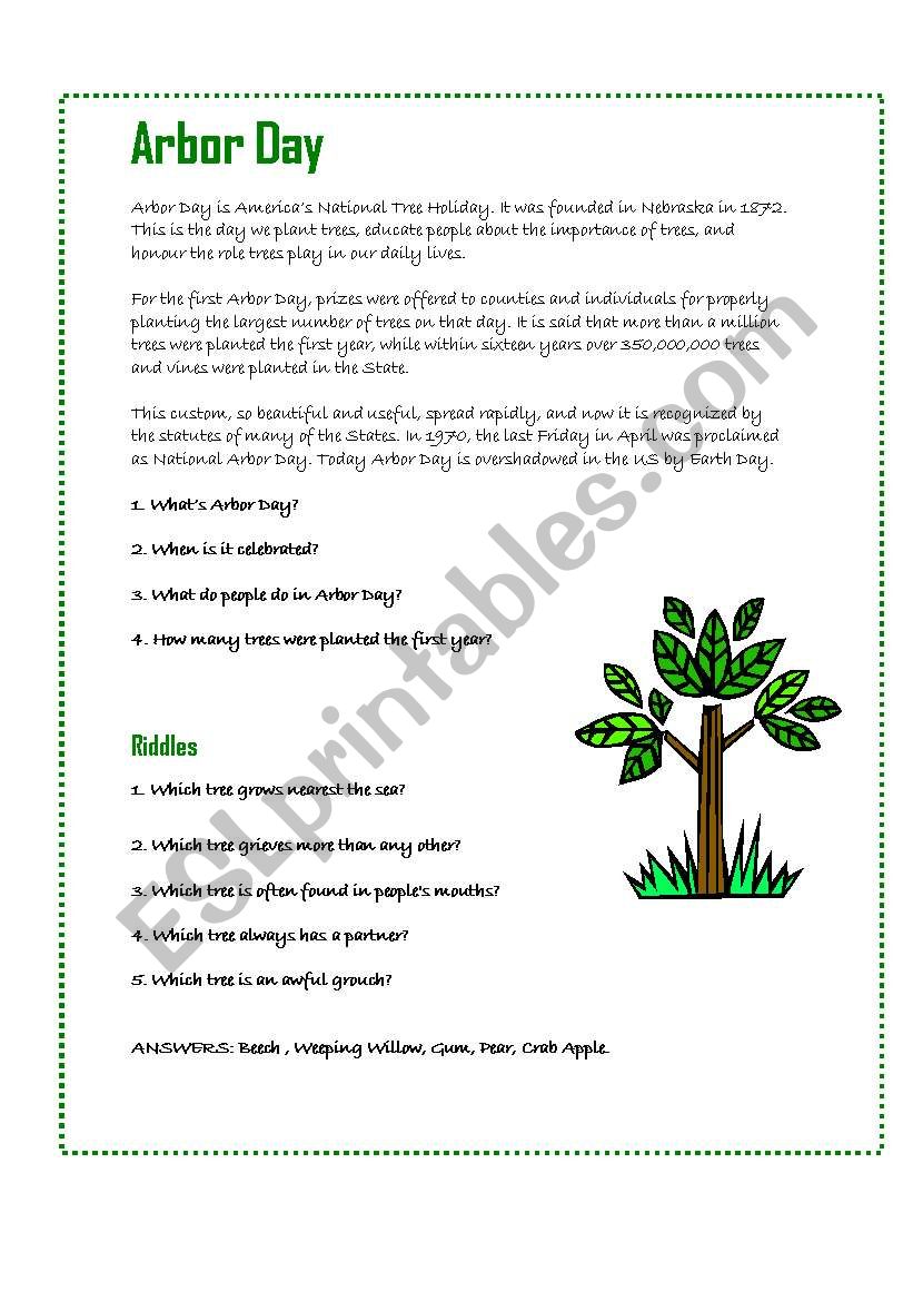 Arbor Day / Tree Day / Earth Day - ESL worksheet by MariaE - Worksheets ...