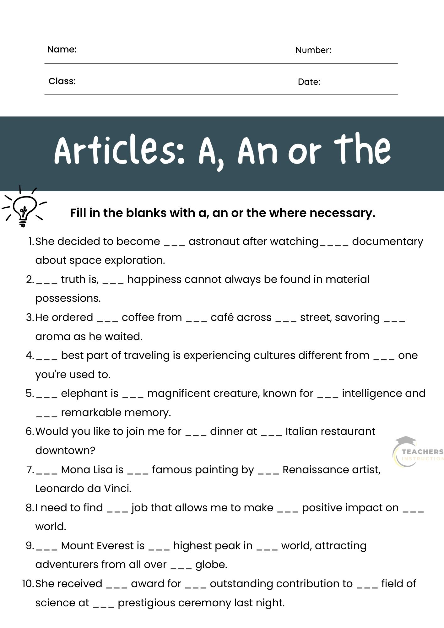 Articles Exercises, Free Printable Articles ESL Worksheets ...