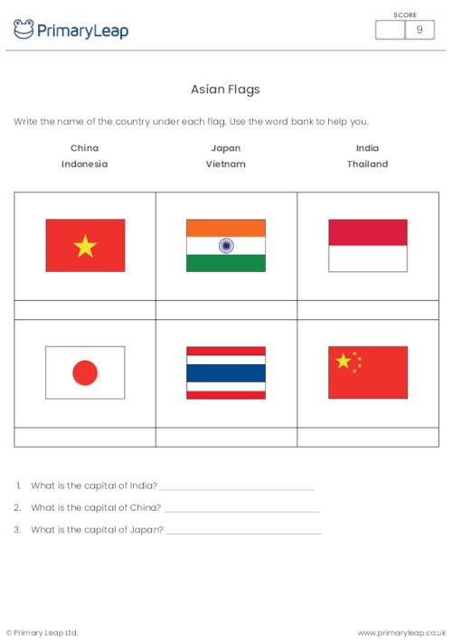 Geography: Naming Asian Flags | Worksheet | PrimaryLeap.co.uk ...