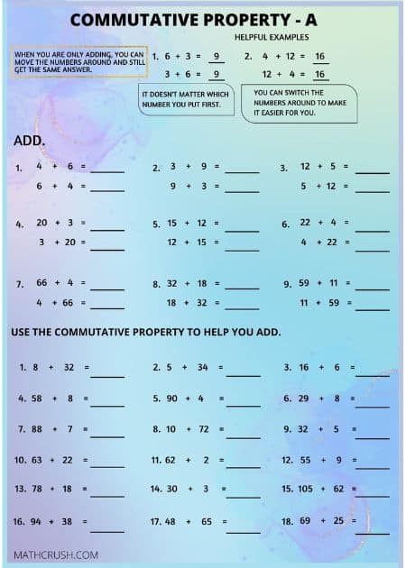 Math Basic Properties Worksheets Commutative Associative