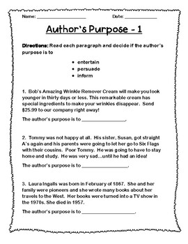 Authors Purpose Practice and Homework Pack - Worksheets Library