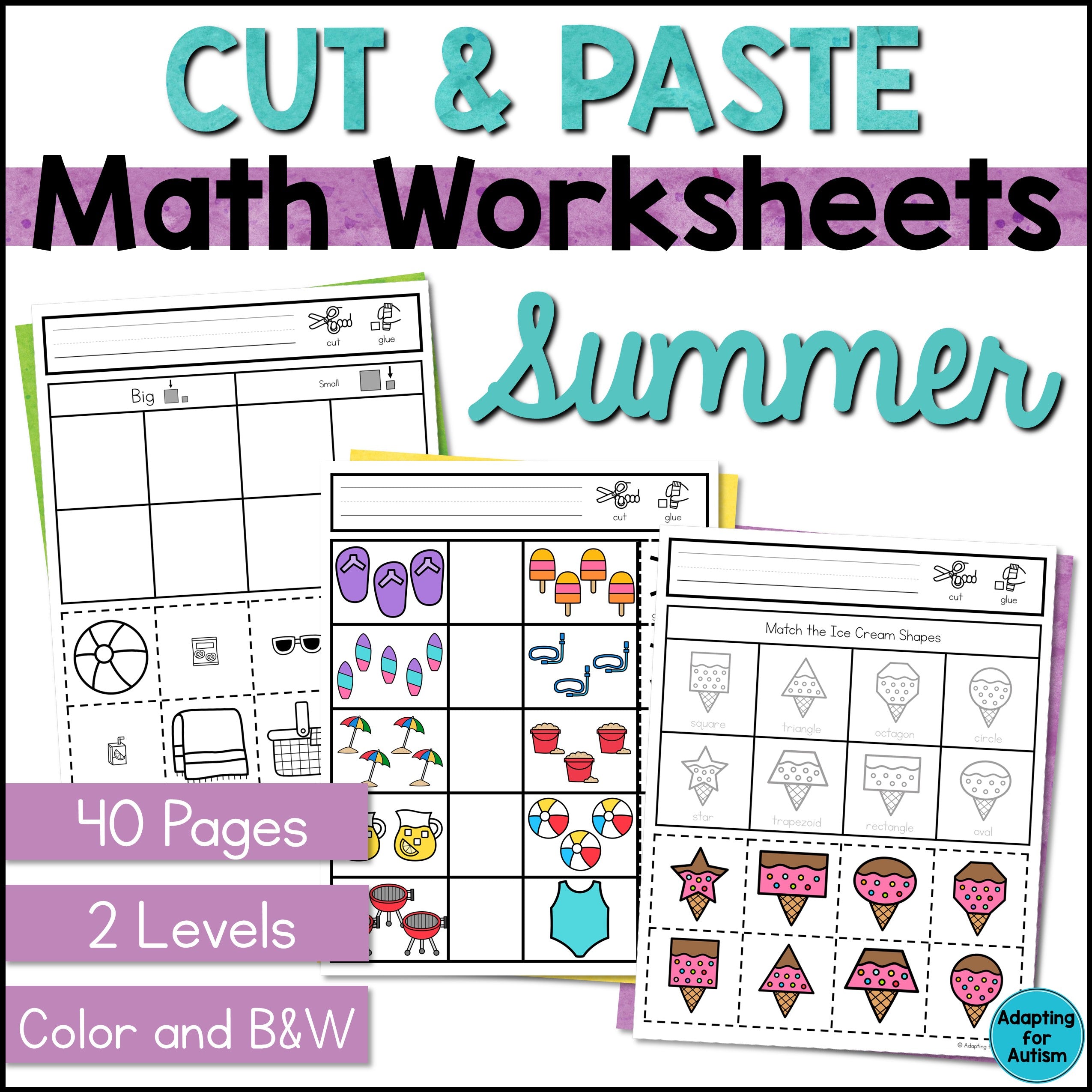 Summer Cut and Paste Math Worksheets – Autism Work Tasks - Worksheets ...