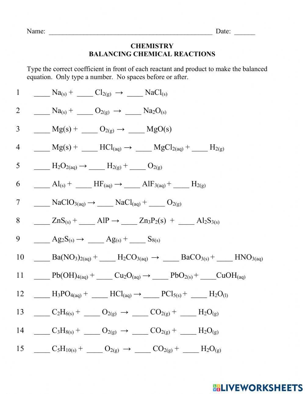 Balancing Chemical Reactions Interactive Worksheet Live Worksheets