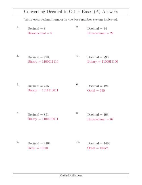 Converting Decimal Numbers to Other Base Systems (A) - Worksheets Library