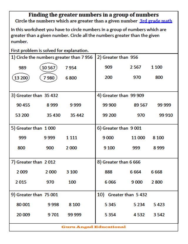 3RD GRADE MATH - FINDING GREATER AND SMALLER NUMBERS IN A SET OF ... - Worksheets Library