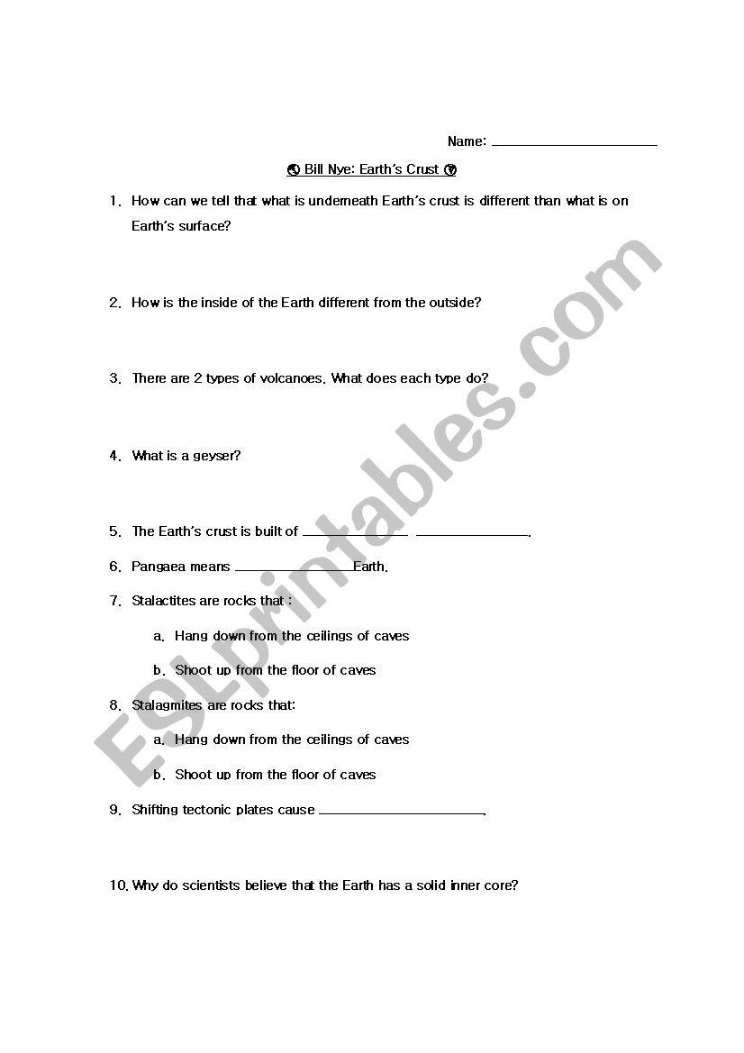 Bill Nye Earth´s Crust - ESL worksheet by JL_Teach - Worksheets Library