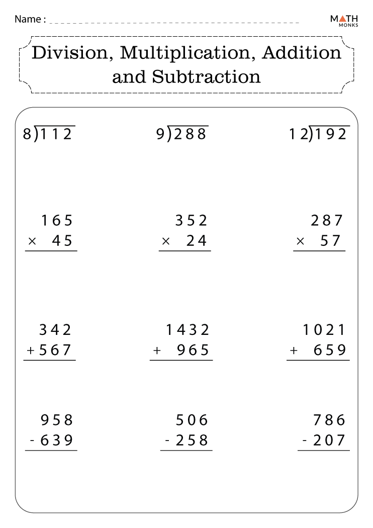Addition Subtraction Multiplication Division Worksheets With