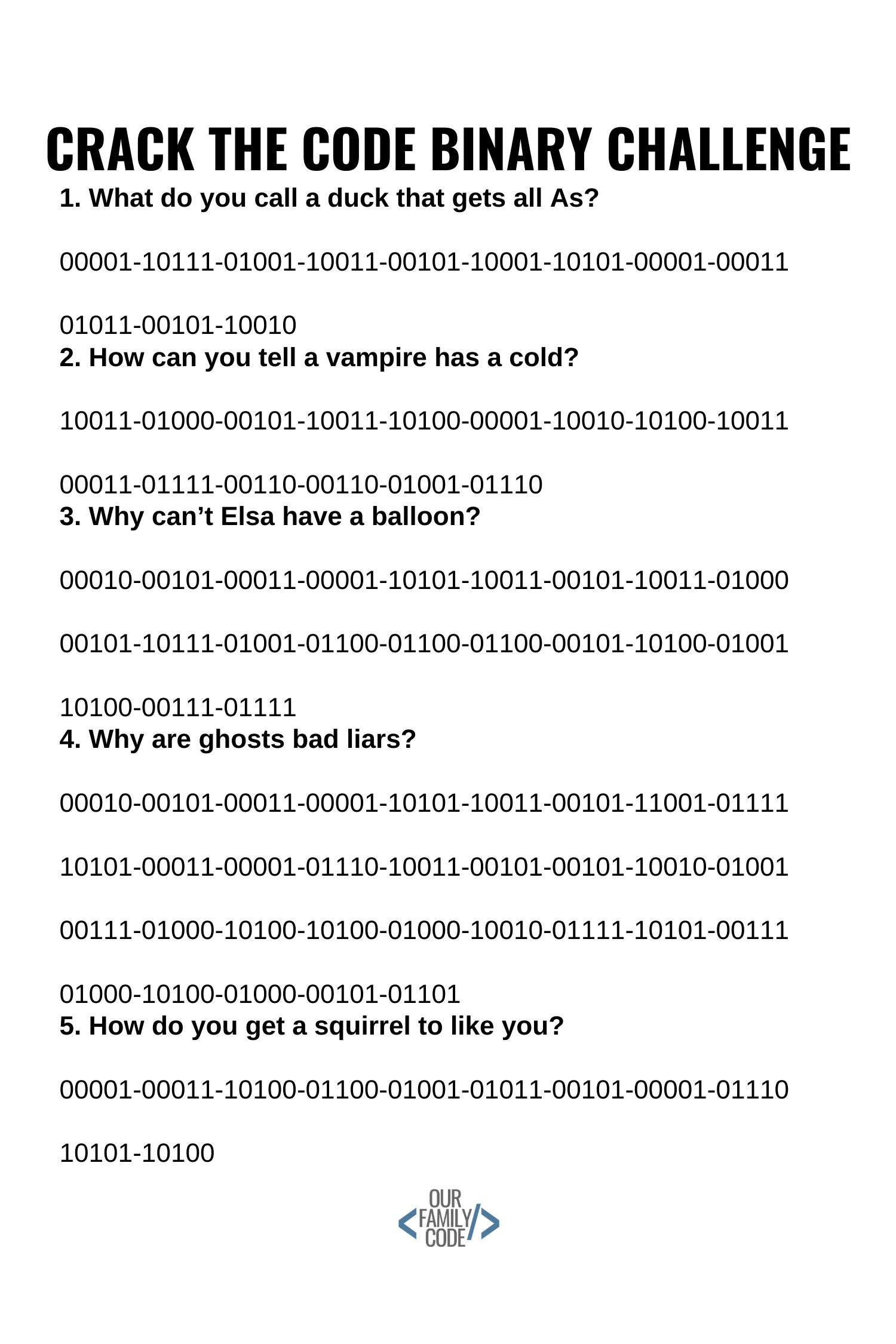 Learn Binary Code: 5-Bit Binary Code Challenge - Our Family Code - Worksheets Library