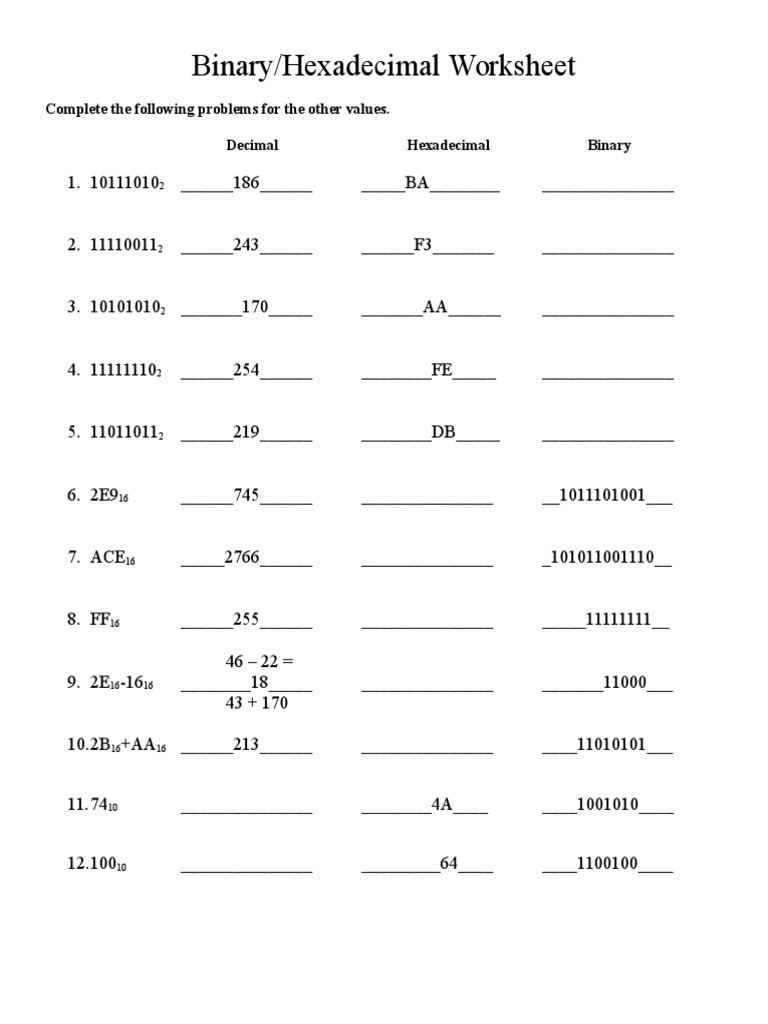 Binary Hexadecimal Worksheet | PDF - Worksheets Library