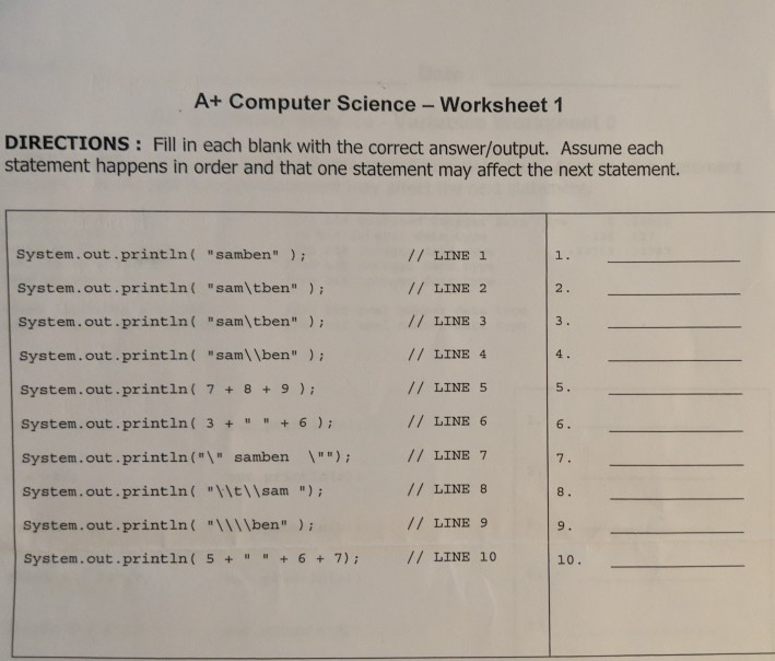 Solved A+ Computer Science - Worksheet 1 DIRECTIONS : Fill | Chegg.com - Worksheets Library