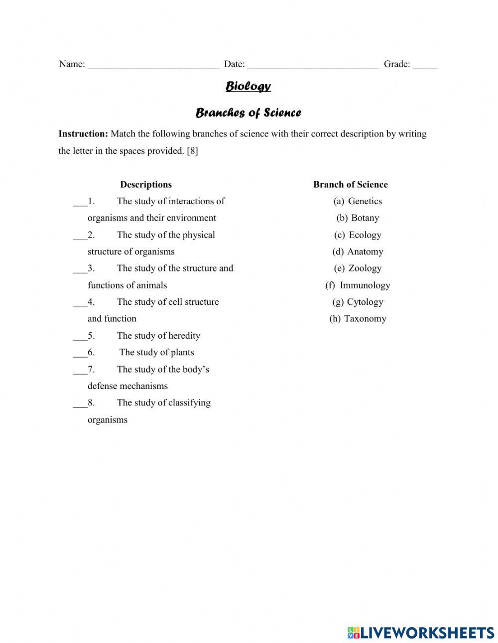 Branches of Science worksheet online exercise for | Live Worksheets ...
