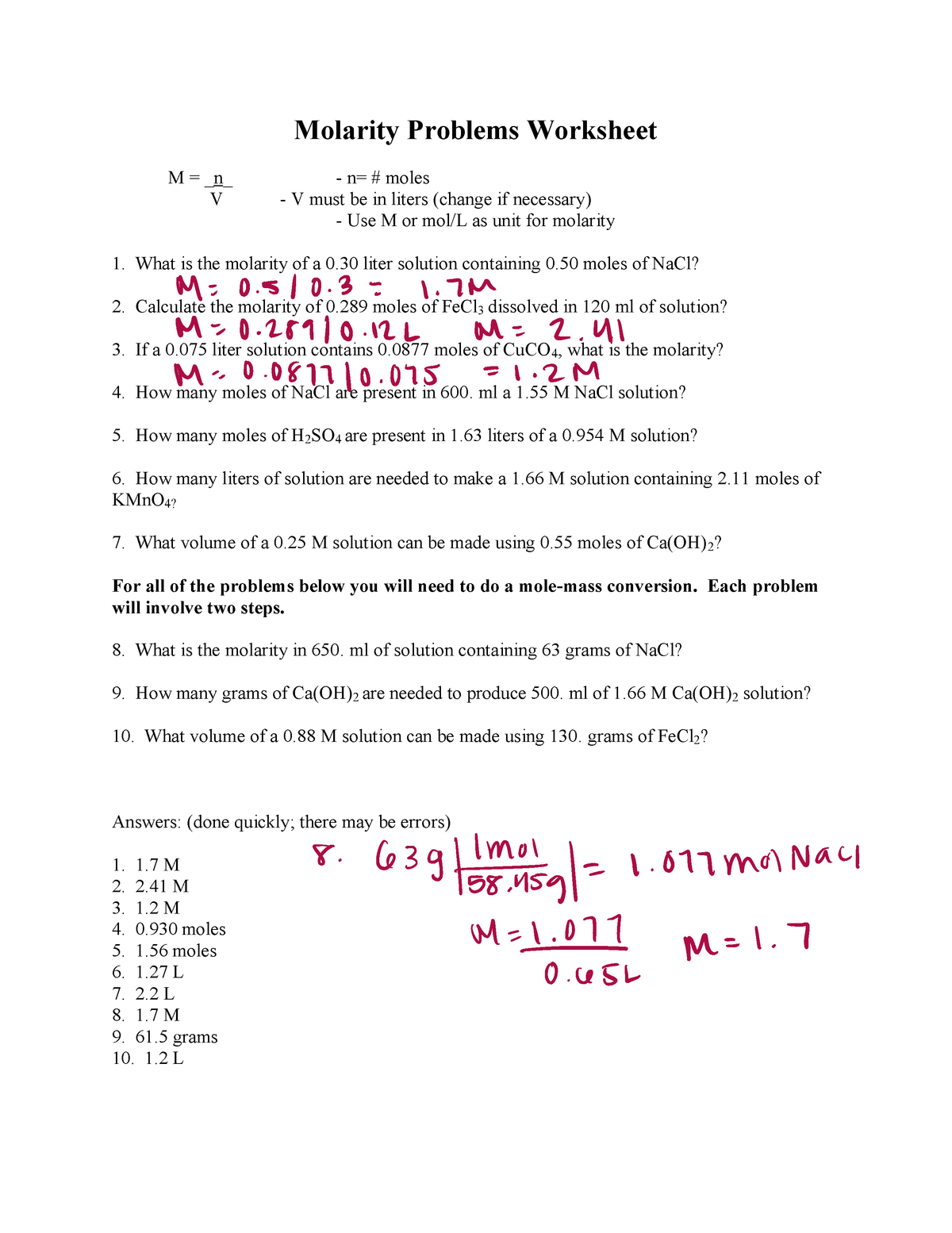 Calculating Molarity Moles And Volume A Chemistry Worksheet