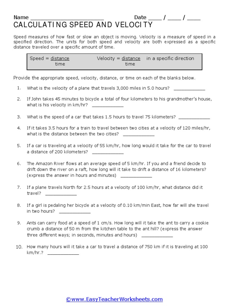 Worksheet Velocity | PDF | Speed | Velocity - Worksheets Library
