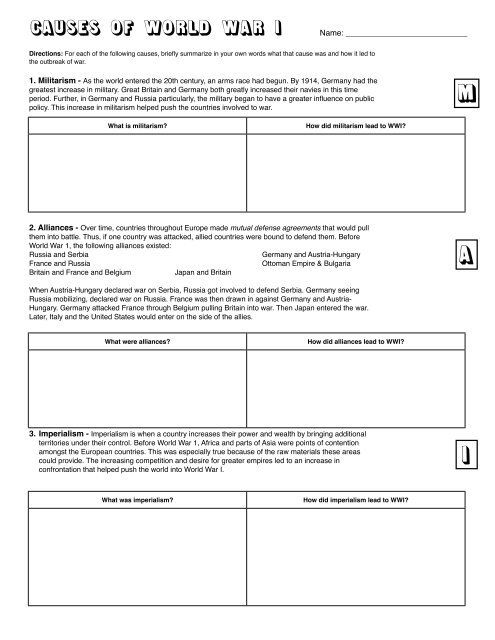 WWI MAIN Causes Worksheet - Worksheets Library