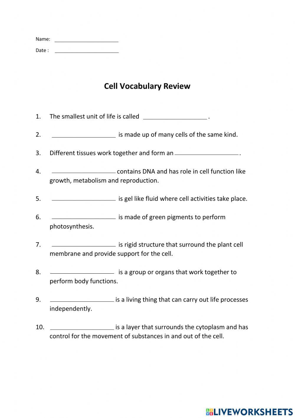 Cell Vocabulary Review worksheet | Live Worksheets - Worksheets Library