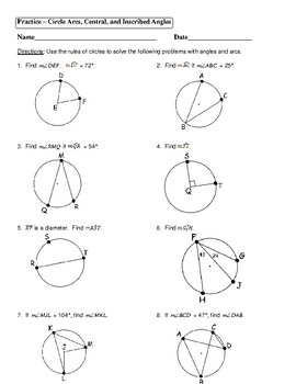 Geometry Unit 10 - Circle Arcs Central Inscribed Angles Worksheet ...