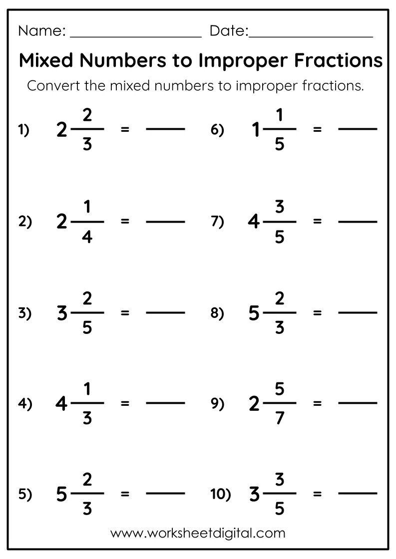 Mixed Numbers To Improper Fractions Worksheet Examples Answers