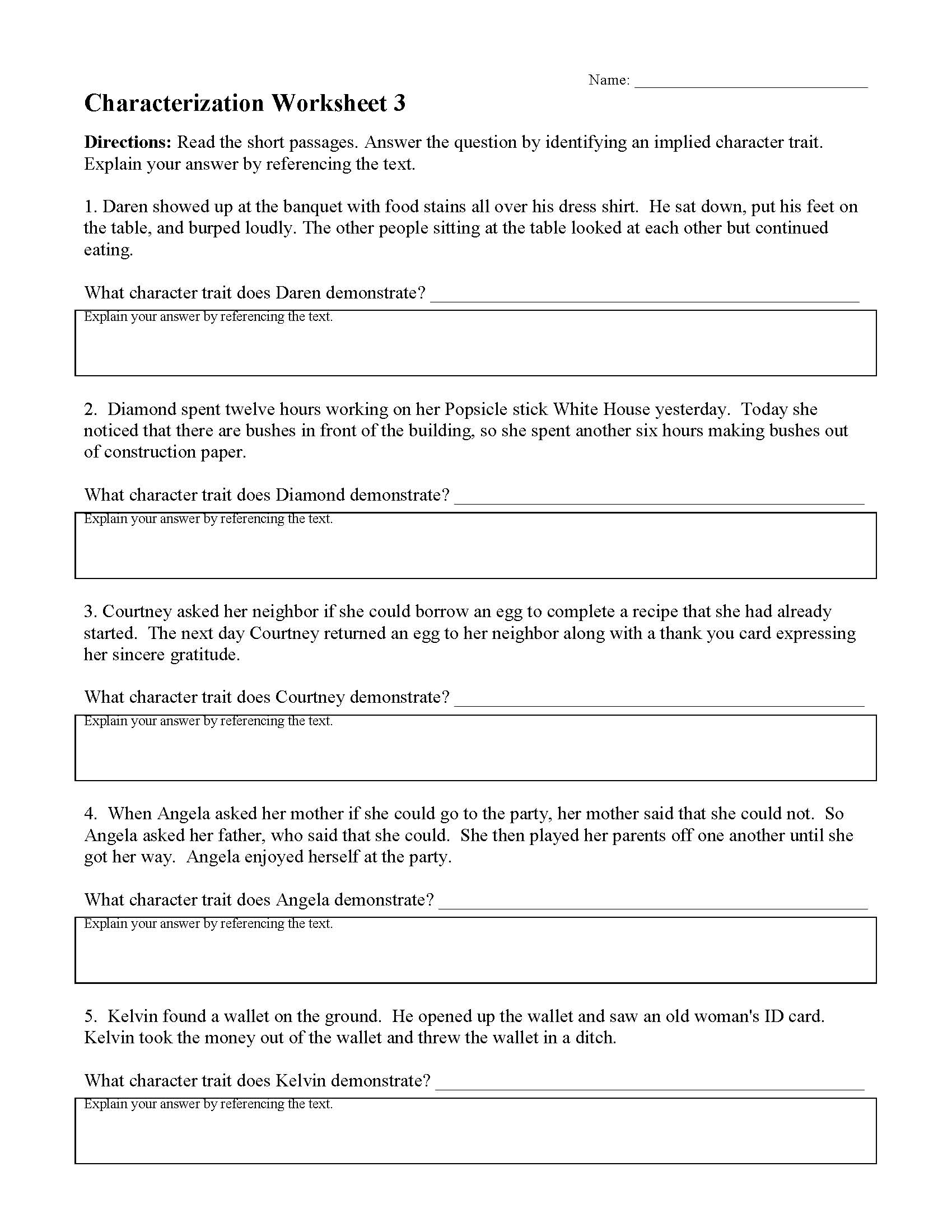 Characterizations Worksheet 3 | Reading Activity - Worksheets Library