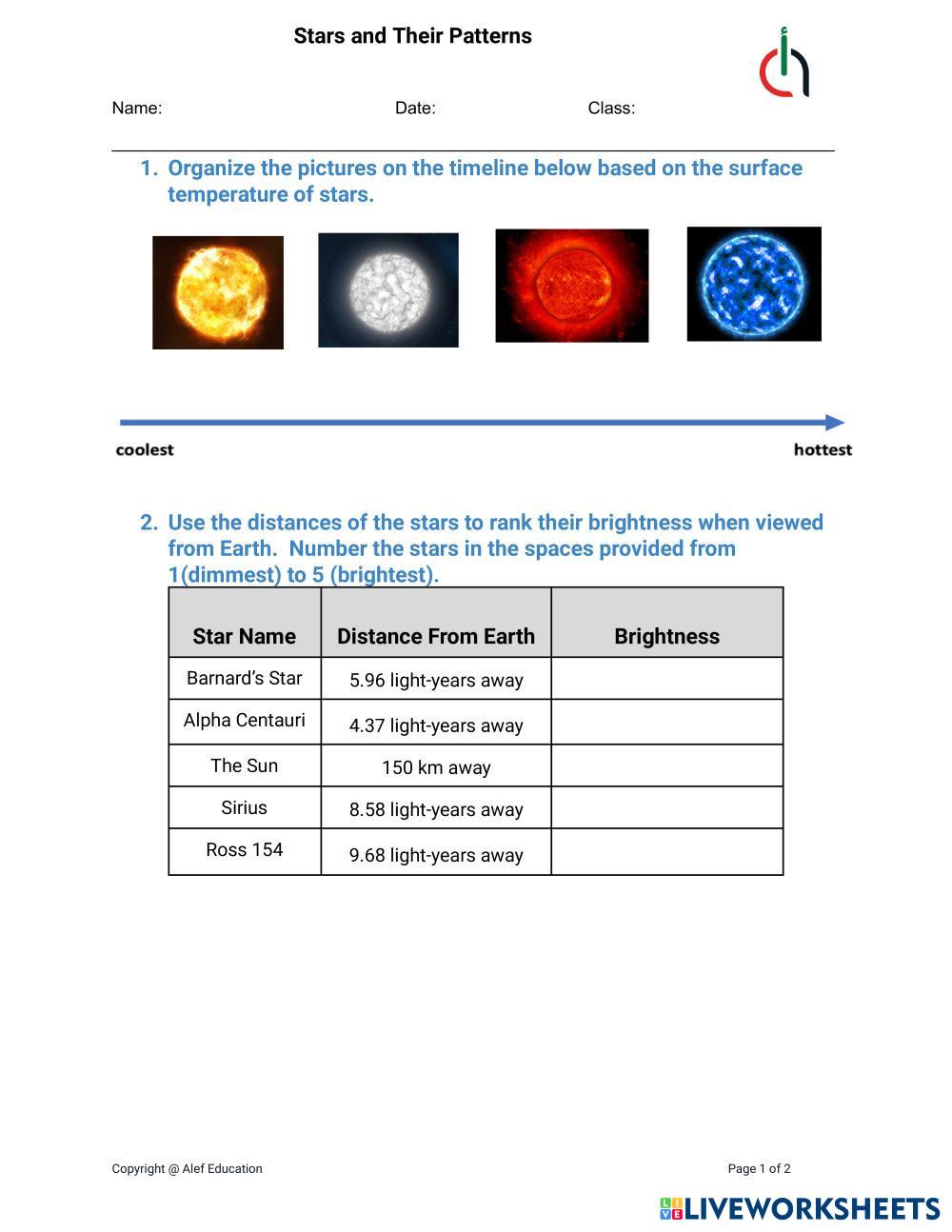 Characteristics of Stars | Live Worksheets - Worksheets Library