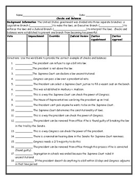 Checks and Balances Worksheet with Answer Key by Social Studies Sheets ...