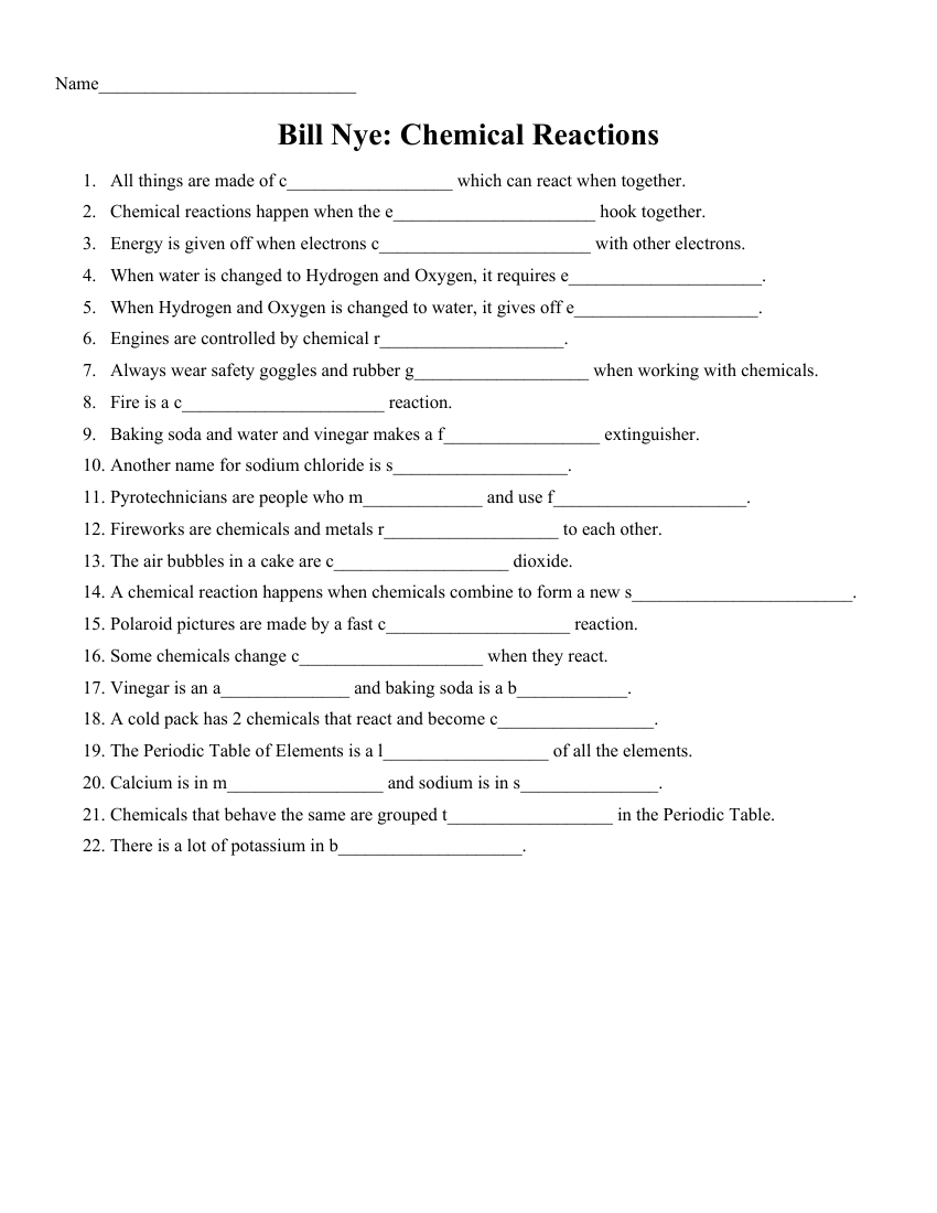 Chemical Reactions - Worksheet 1 with Answers | Science 8th Grade ...