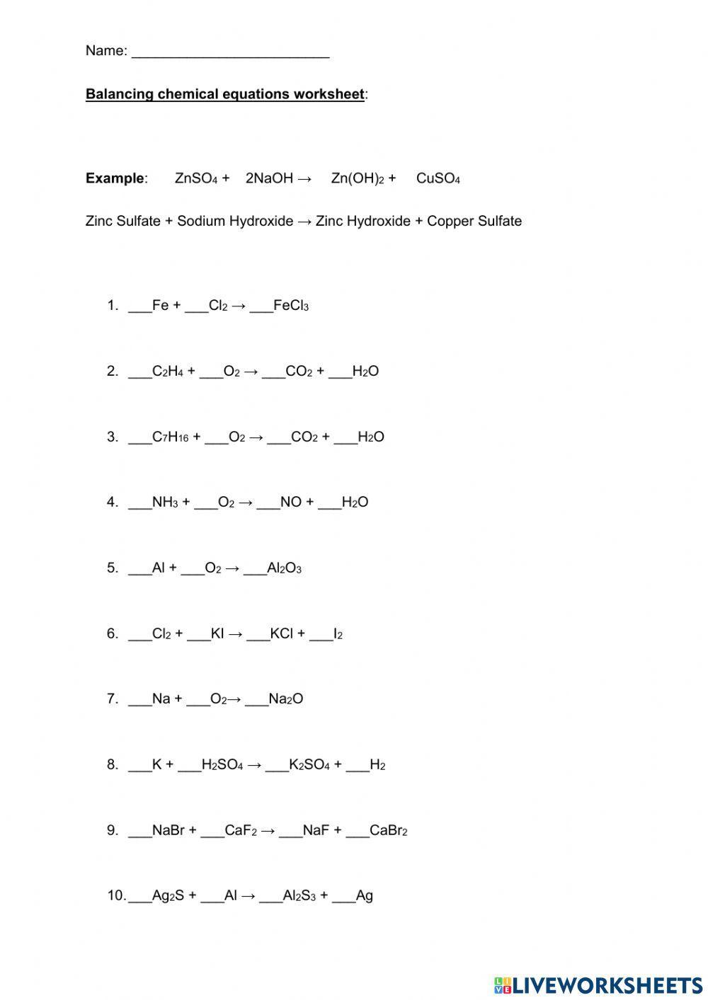 Free Printable Writing and Balancing Chemical Equations Worksheets ...