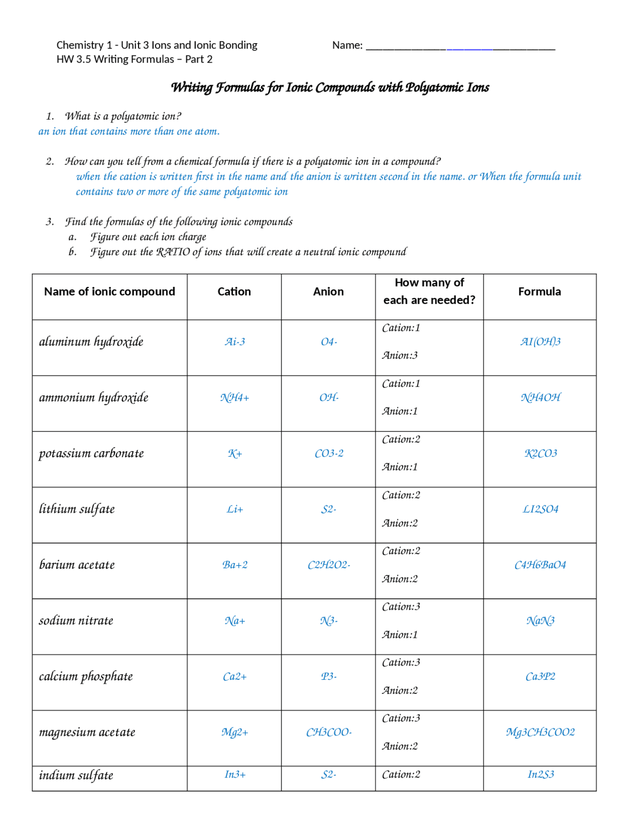 Ionic Compounds Worksheet Answer Key