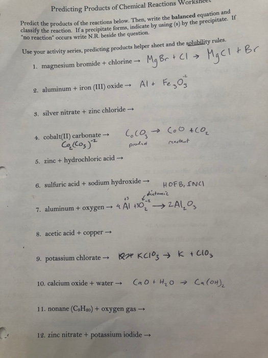 Solved Predicting Products Of Chemical Reactions Worksheet