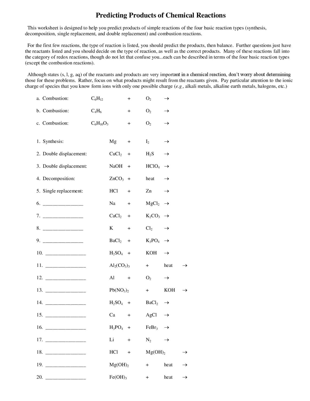 Worksheet Predicting Products Of Reactions Key Exercises
