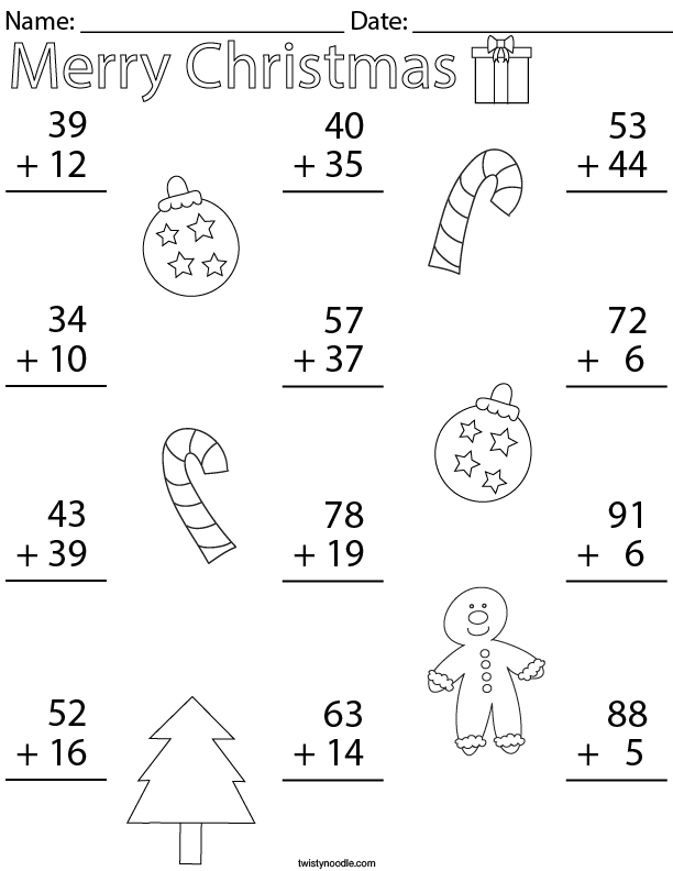 Christmas Double Digit Addition Math Worksheet - Twisty Noodle ...