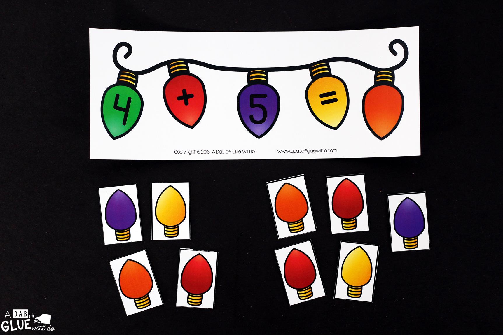 Christmas Lights Addition Printable Math Worksheets - A Dab of ...