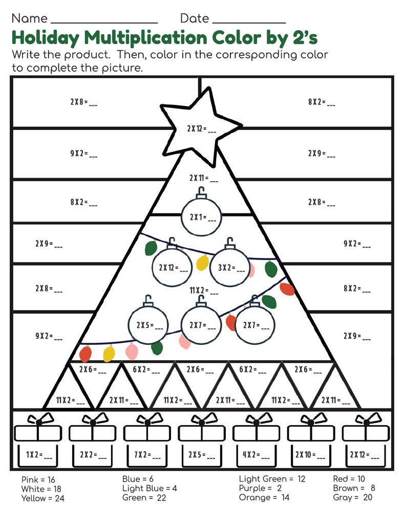 Holiday Color By Number Multiplication Worksheets