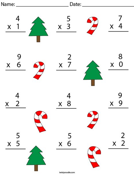 Christmas Multiplication Practice- 1 Digit Math Worksheet - Twisty ...