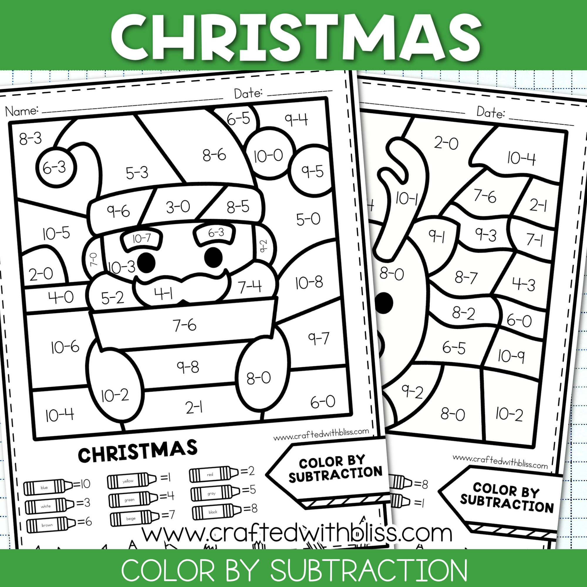NO PREP Christmas Color By Subtraction Worksheet | Math Center ...