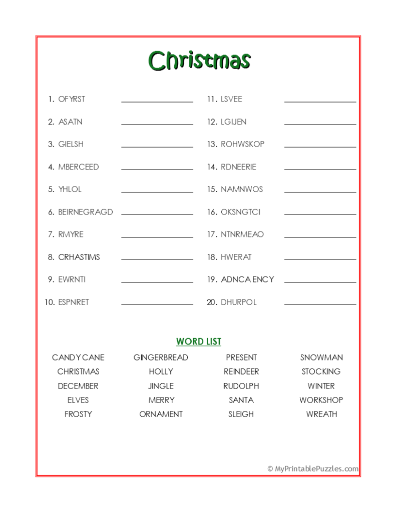 Christmas Word Scramble | My Printable Puzzles - Worksheets Library