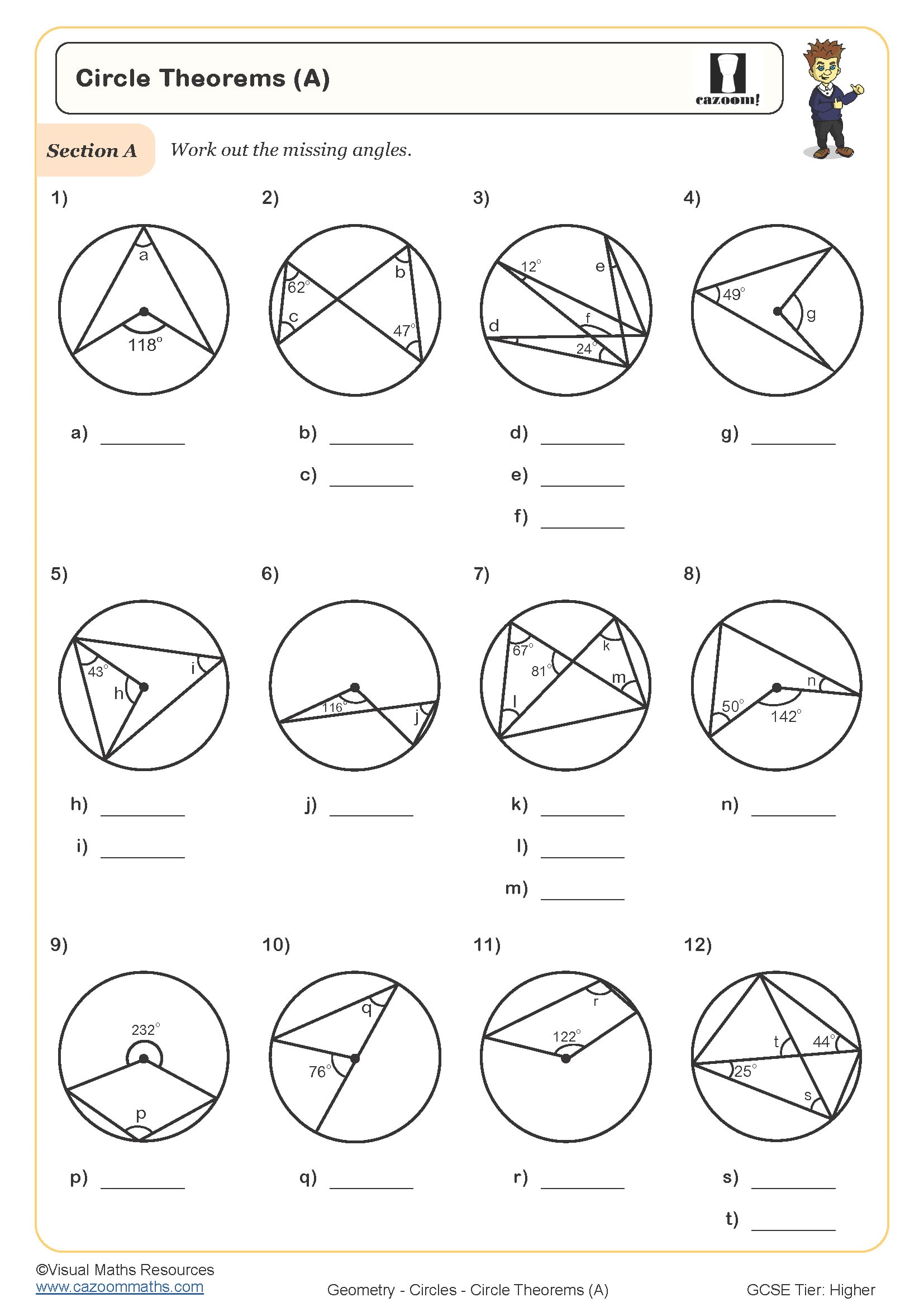 Circle Theorems (A) Worksheet | Cazoom Maths Worksheets - Worksheets ...