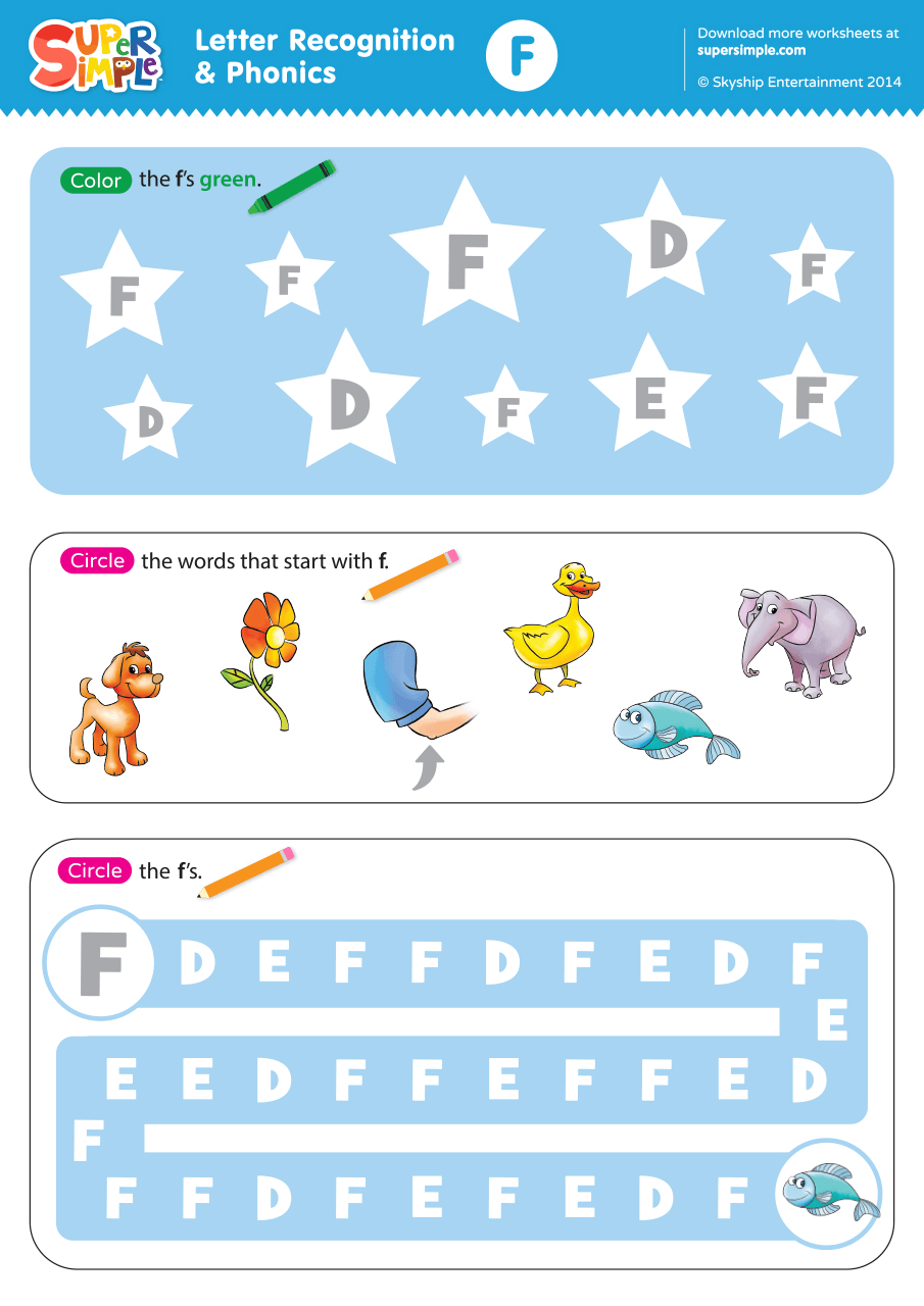 Letter Recognition & Phonics Worksheet - F (Uppercase) - Super Simple - Worksheets Library