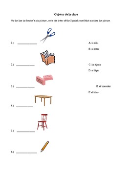 Spanish Classroom Objects Matching Worksheet with Pictures ...