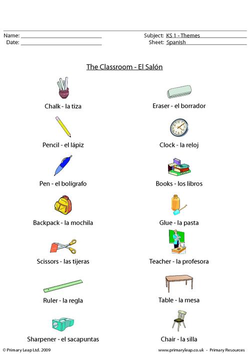 Spanish: Classroom objects | Worksheet | PrimaryLeap.co.uk - Worksheets ...