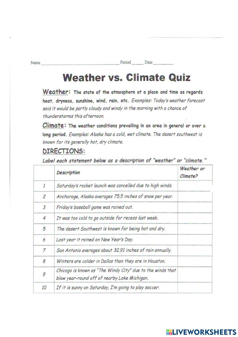 Weather Vs Climate Worksheet Weather Vs Climate Worksheet