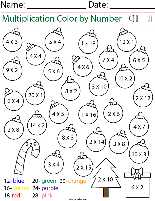 Multiplication- Color by Number Ornaments Math Worksheet - Twisty ...