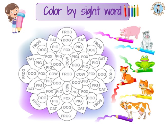 Animal Color by sight word - Free Printable - Treasure hunt 4 Kids ...