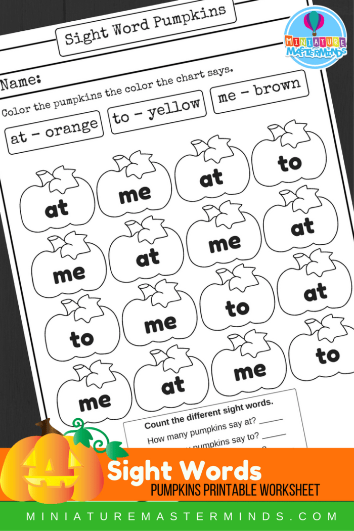Sight Words Me At and To Color the Pumpkin Printable Worksheet ...