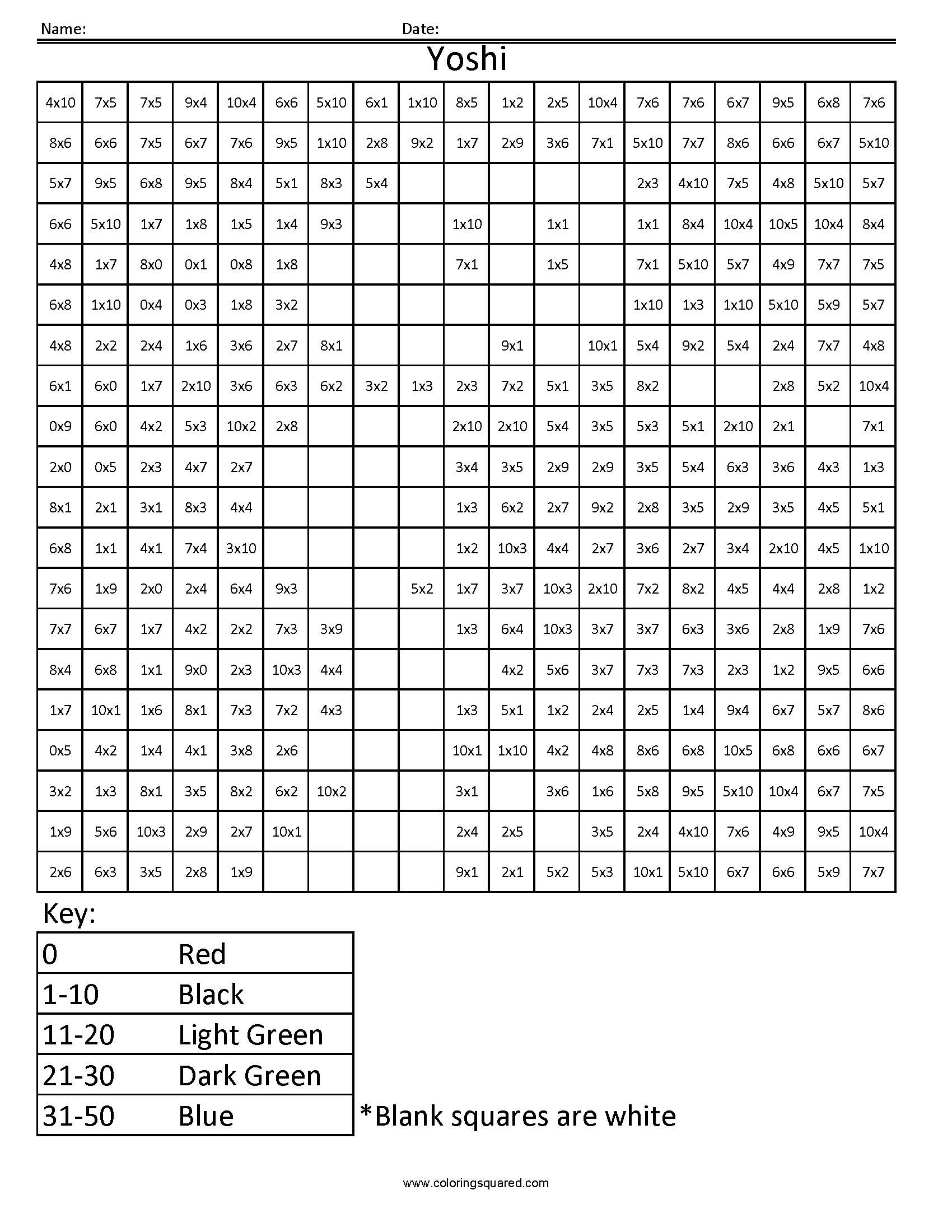 Yoshi- Basic Multiplication - Coloring Squared - Worksheets Library