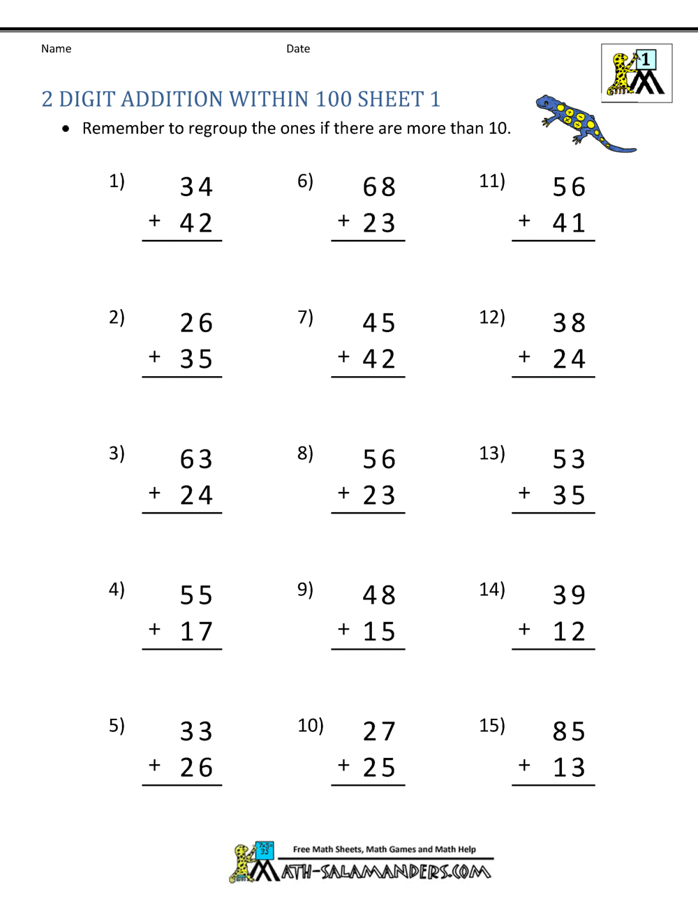 Adding 2-digit & 1-digit Numbers | Grade 1 Math Worksheets - Worksheets ...