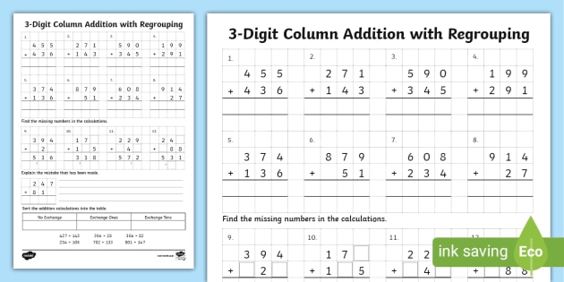 Column Method Subtraction Subtracting 3 Digit Numbers Sheet